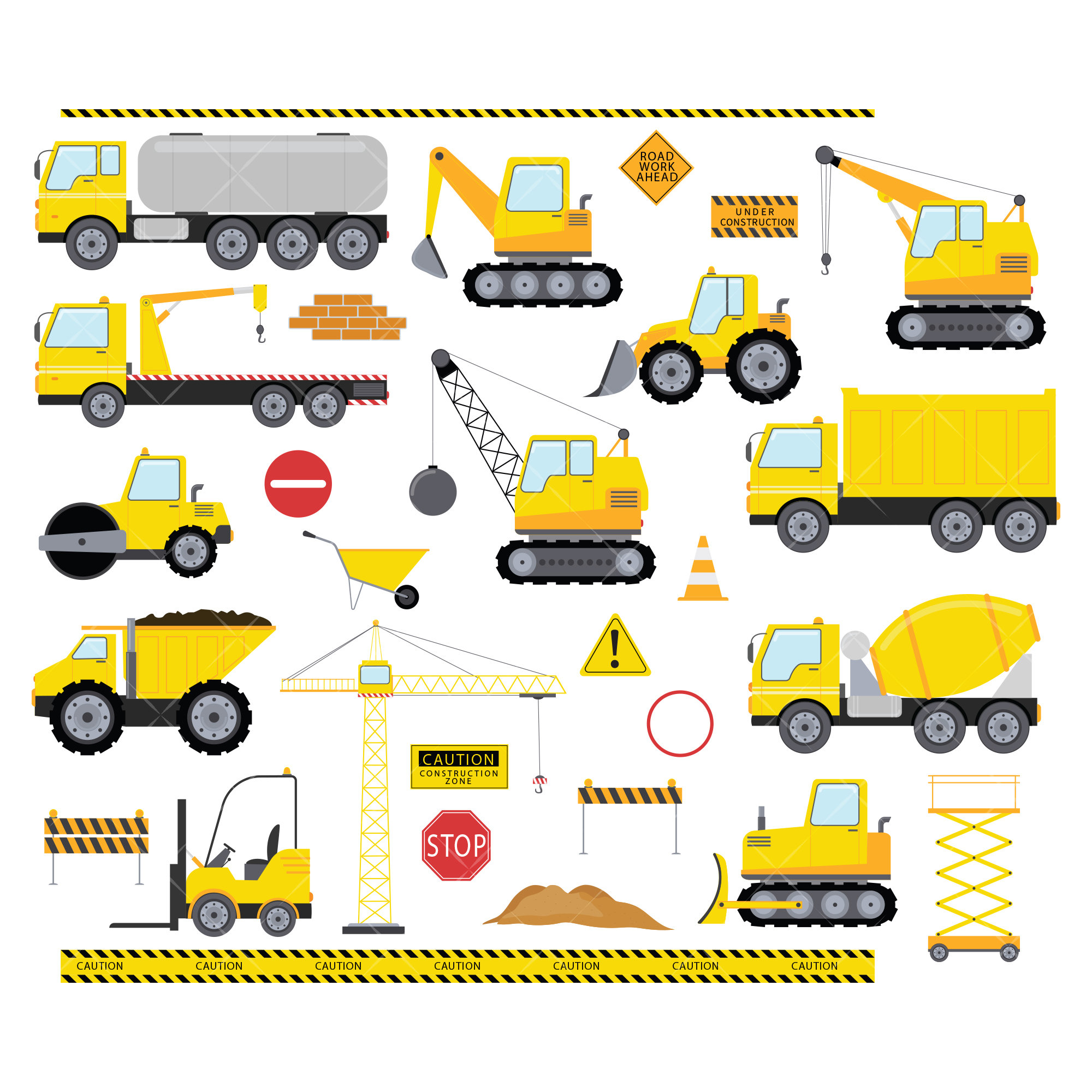 Construction Vehicles Clip Art, Crane, Wheel Loader, Cement Mixer, Dump ...