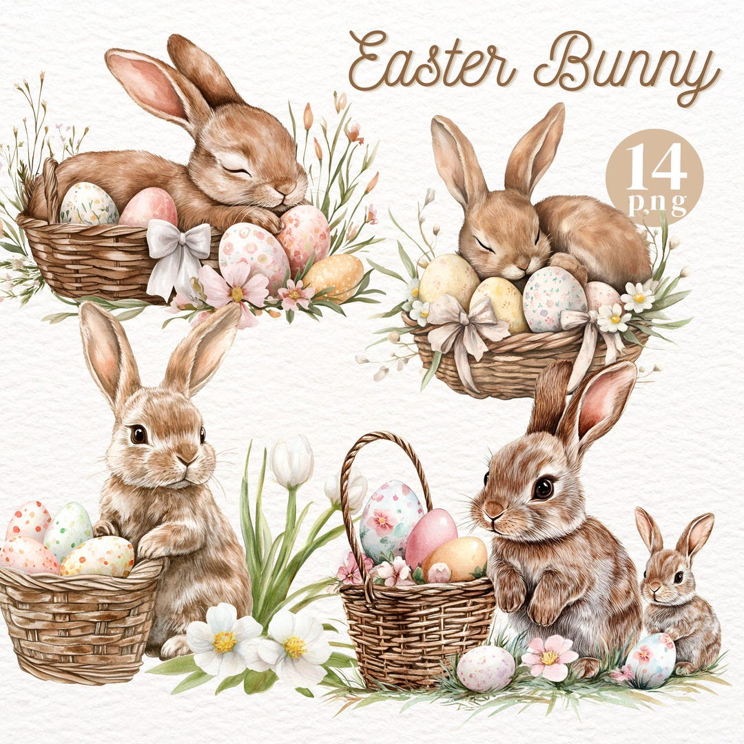 Easter Bunny Clipart: Brown Bunny, Eggs, Basket (commercial Use ...