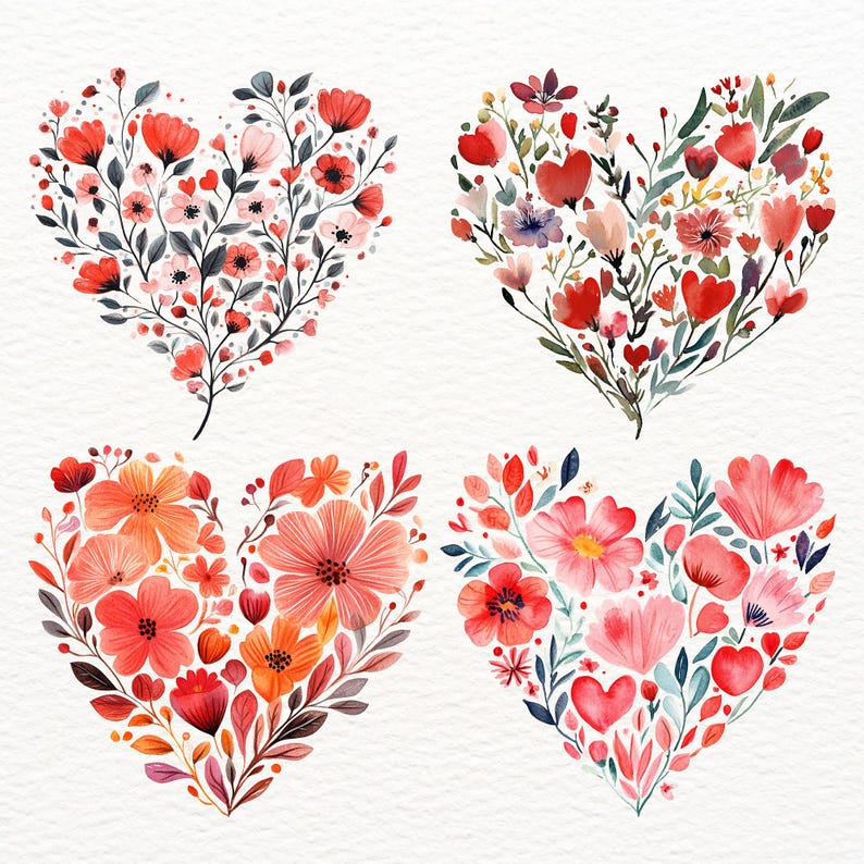 Watercolor Floral Heart Clipart: 16 Valentines Day PNG Images ...