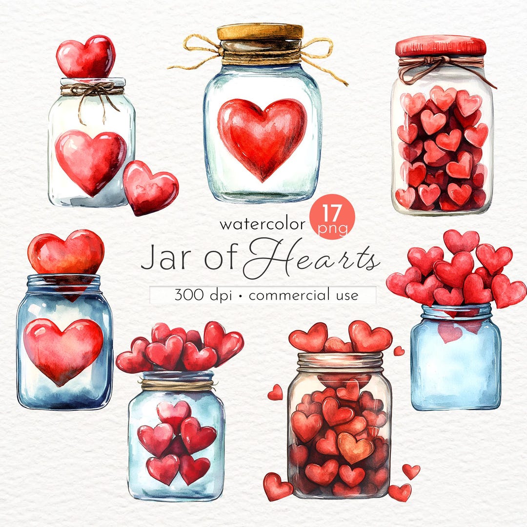 Watercolor Jar of Hearts Clipart: Valentine's Day PNG Images ...