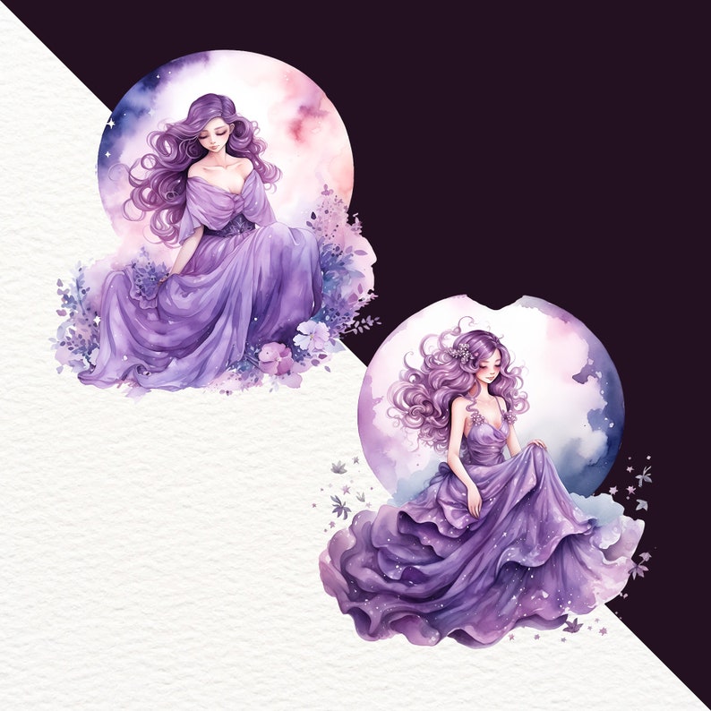 Purple Moon Princess Clipart: Celestial PNG Graphics (commercial Use ...