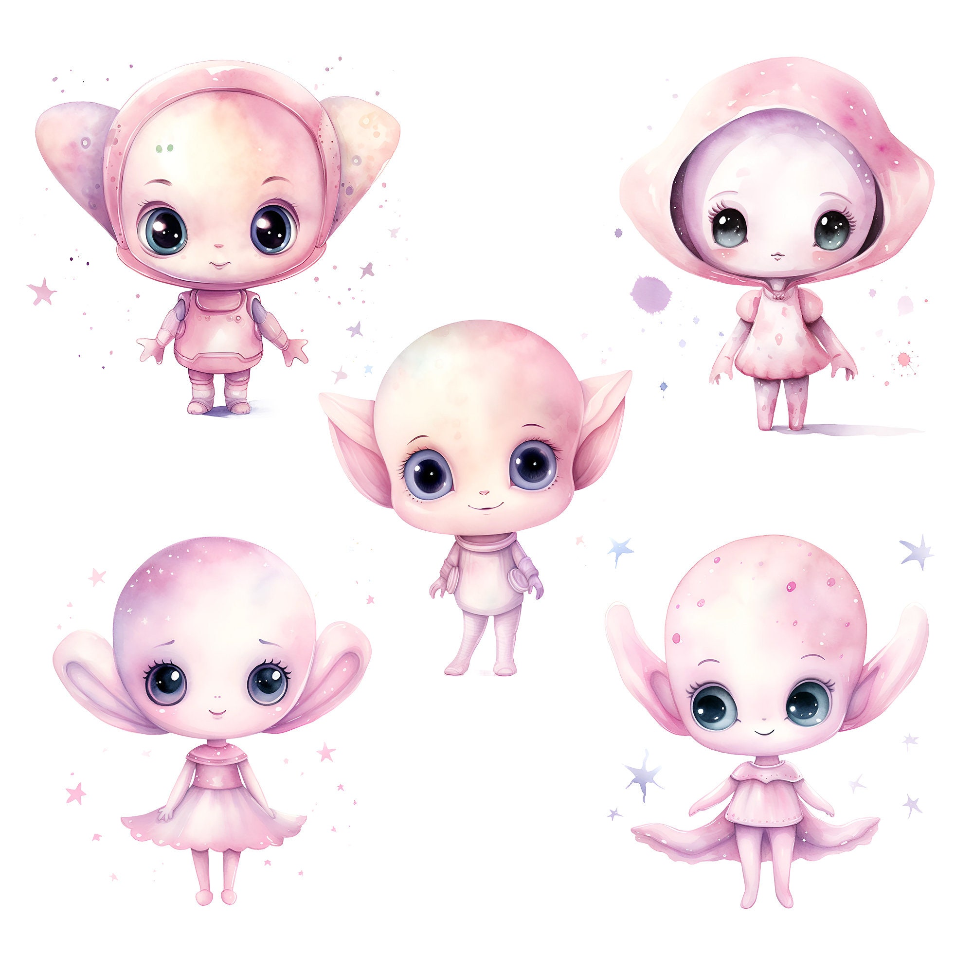 Cute Light Pink Alien Clipart, Alien Girl, Alien Boy Clipart Instant ...