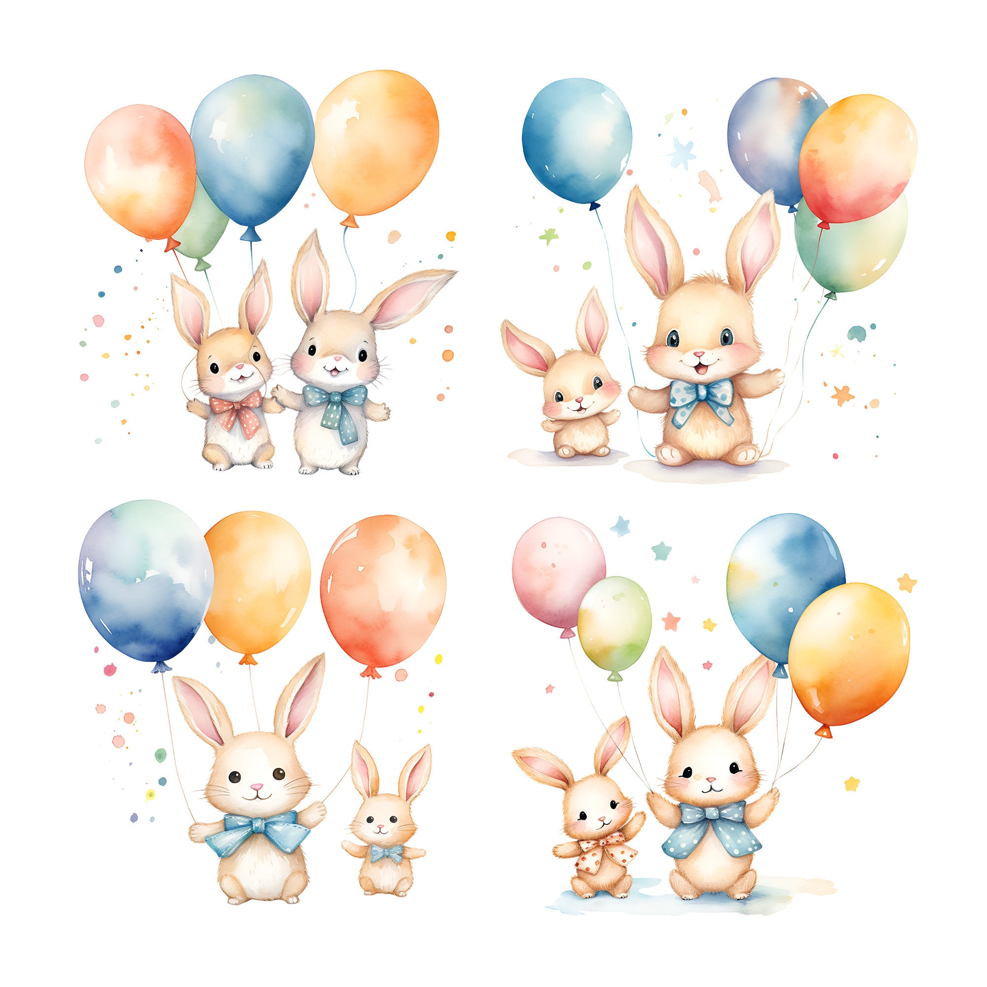 Watercolor Bunny Birthday Clipart: Balloons, Party Art (PNG Digital ...