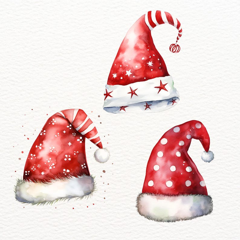Watercolor Santa Hat Clipart: 17 Christmas PNG Graphics (commercial Use ...