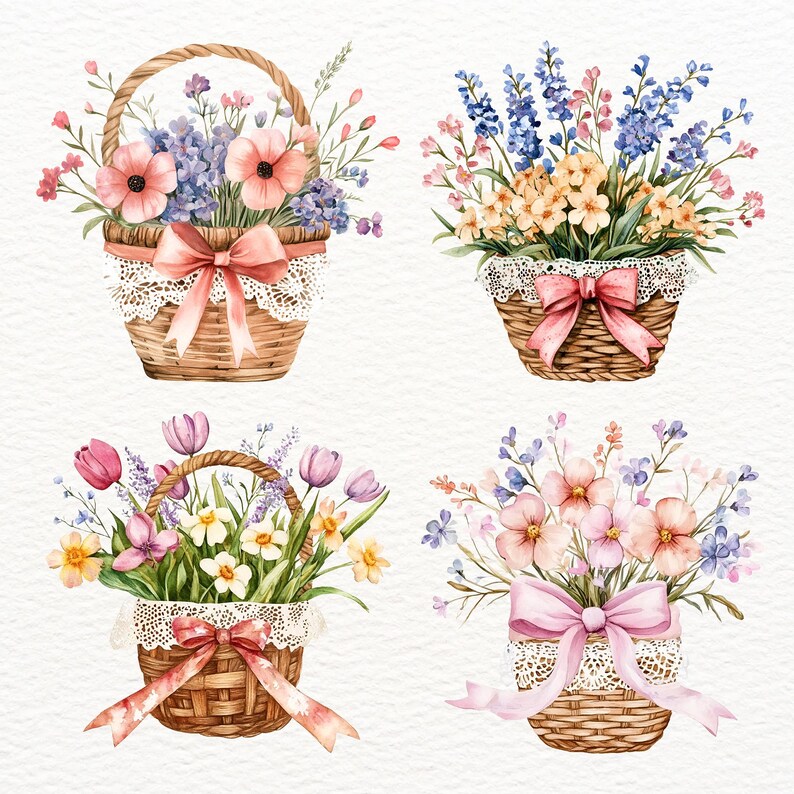 Watercolor Floral Basket Clipart: Spring Flowers With Lace (PNG Digital ...