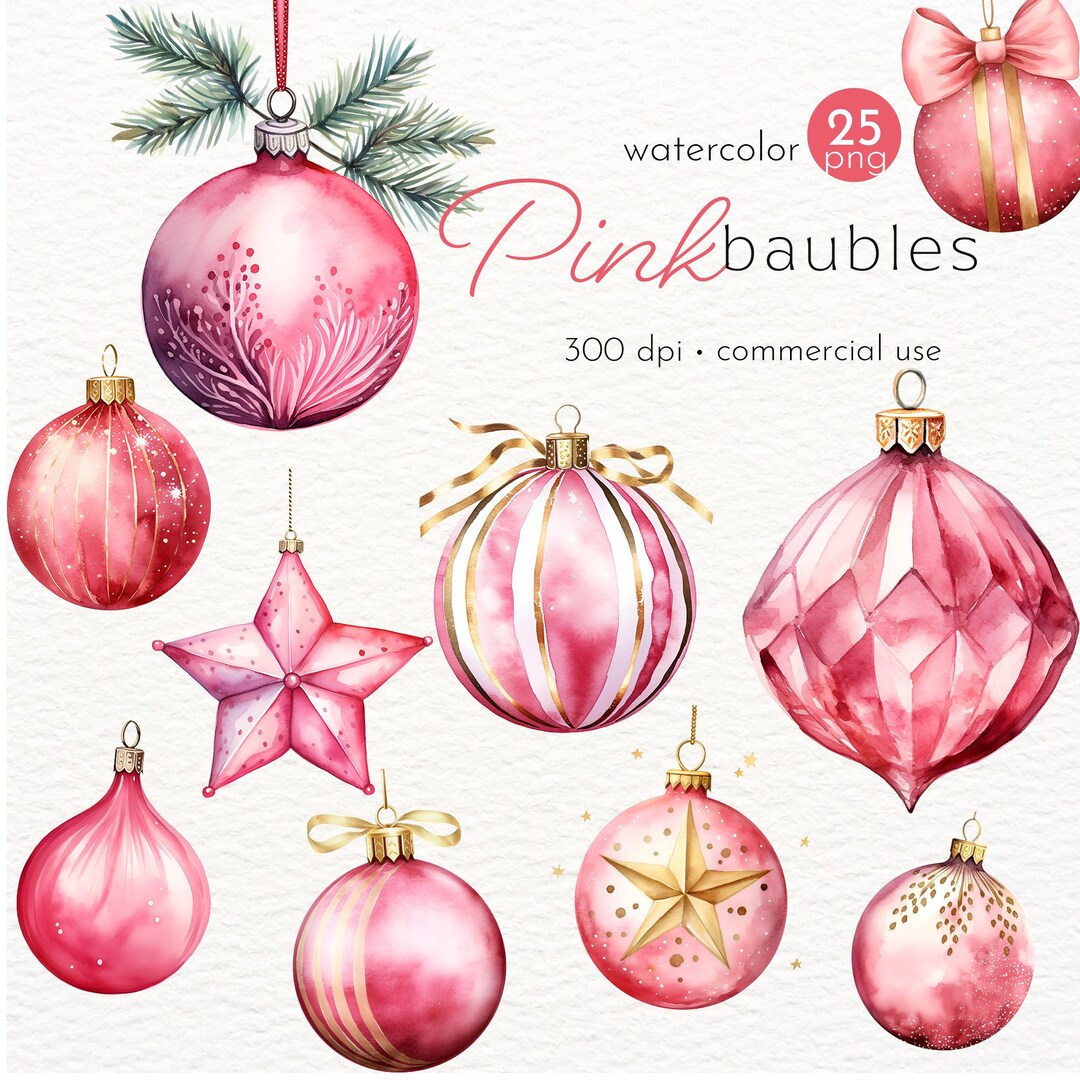 Pink Christmas Baubles Clipart: Watercolor Ornaments (commercial Use ...