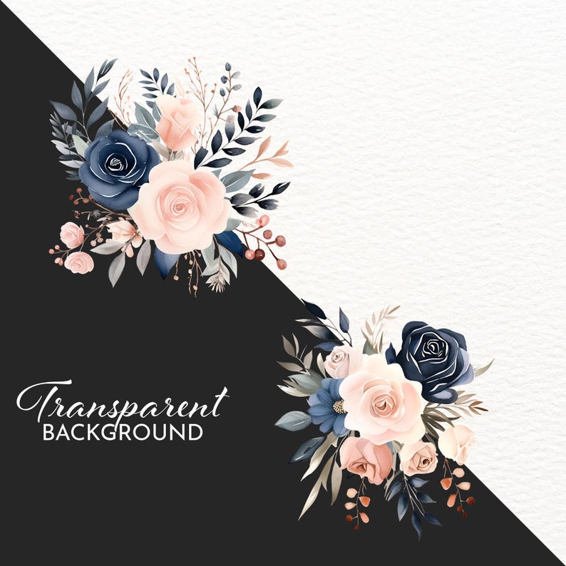Navy and Blush Rose Clipart: Boho Flower Bouquet (PNG, Digital Download ...
