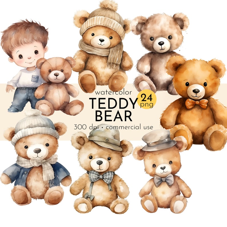 Watercolor Teddy Bear Clipart, Boy With Teddy Bear, Baby Shower Clipart ...
