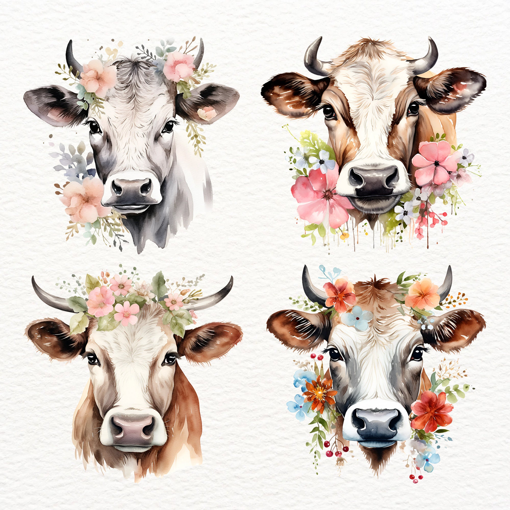 Floral Cow Watercolor Clipart: Farm Animal PNG (commercial Use) - Etsy