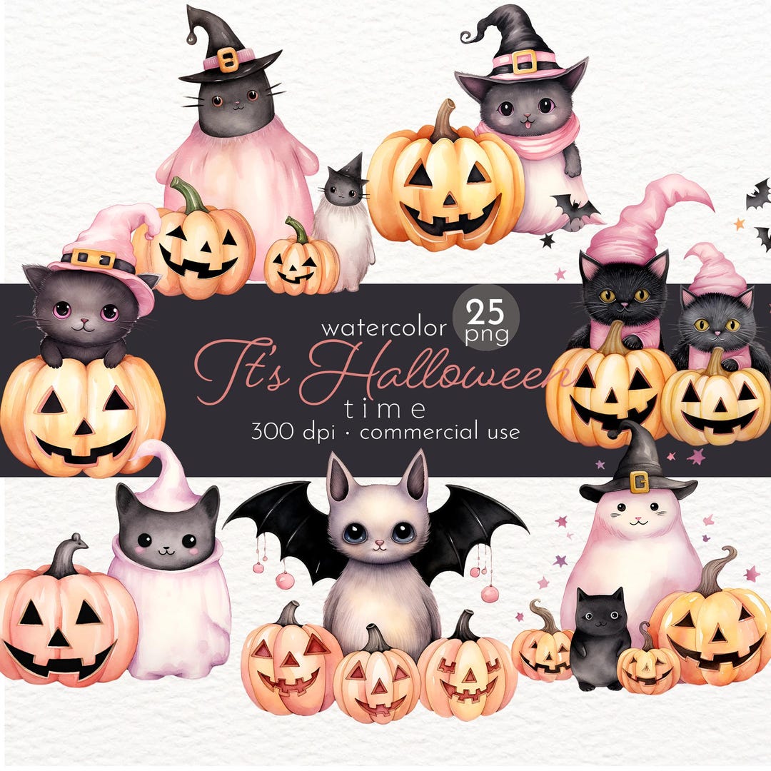 Cute Pink Ghost Halloween Clipart, Gold and Pink Pumpkin and Black Cat ...