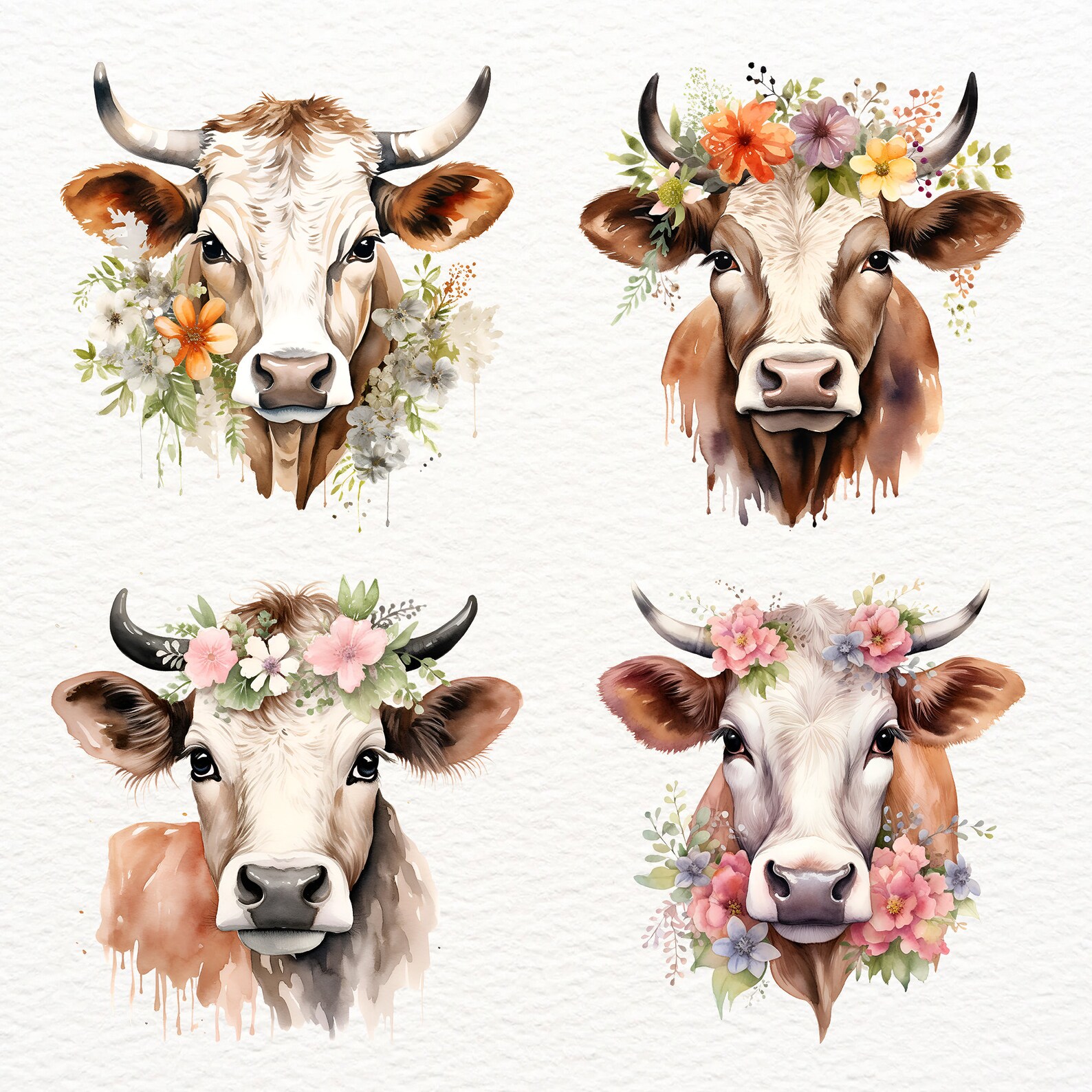 Floral Cow Watercolor Clipart: Farm Animal PNG (commercial Use) - Etsy