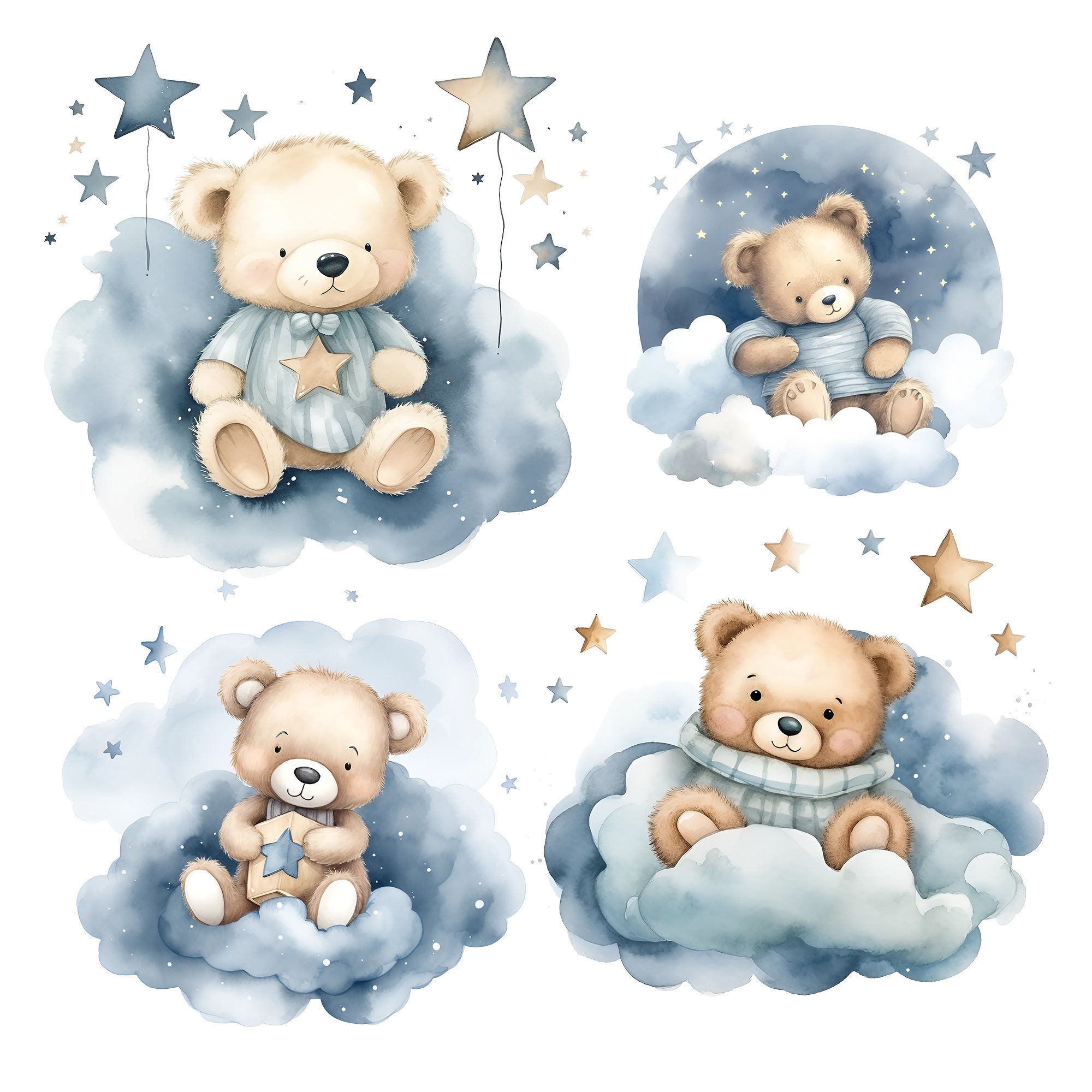 Watercolor Sleeping Teddy Bear Clipart: Baby Shower PNG (digital ...