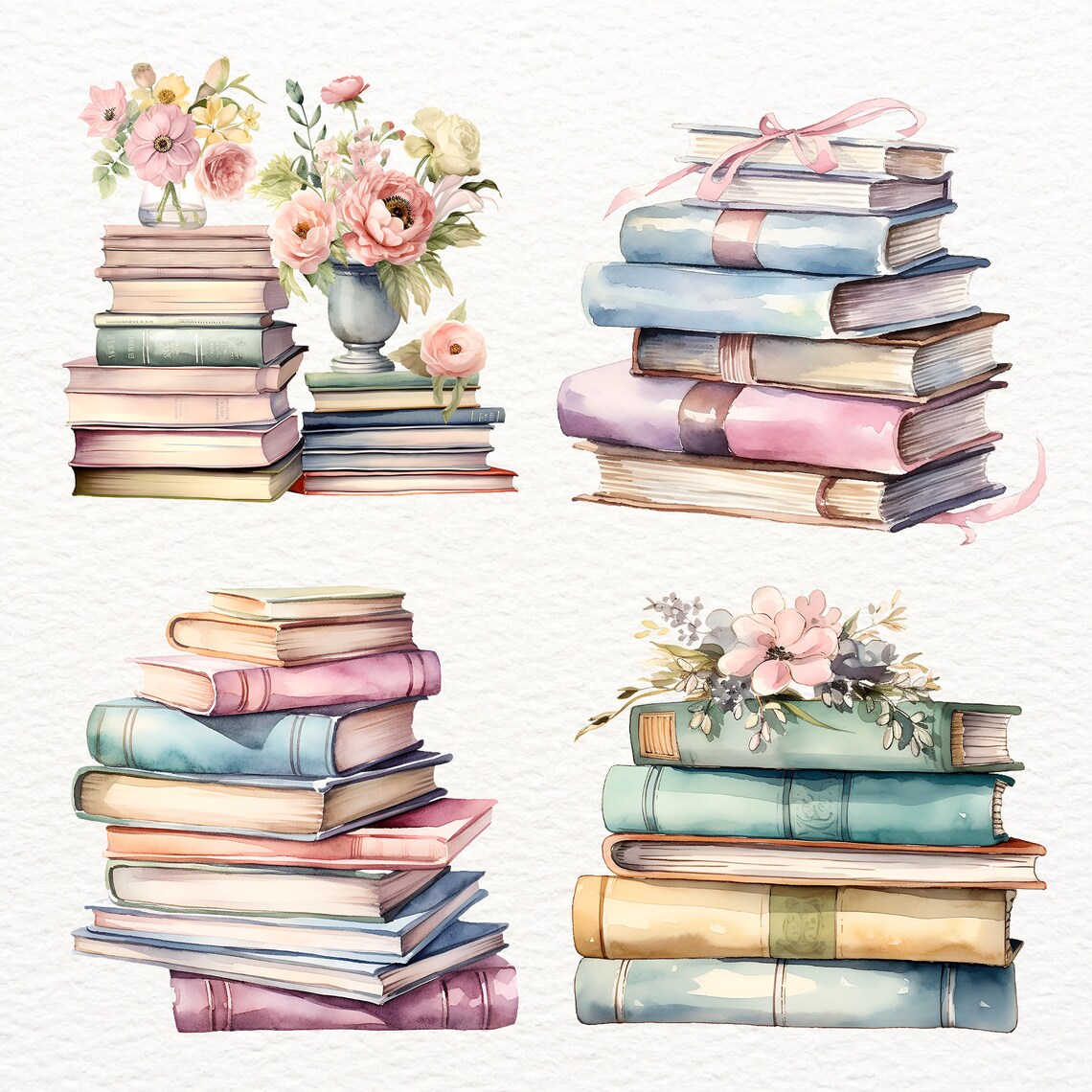 Pastel Cottage Shabby Chic Books Clipart, Book Lover Clipart, Pink Boho ...