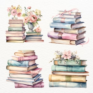 Pastel Cottage Shabby Chic Books Clipart, Book Lover Clipart, Pink Boho ...