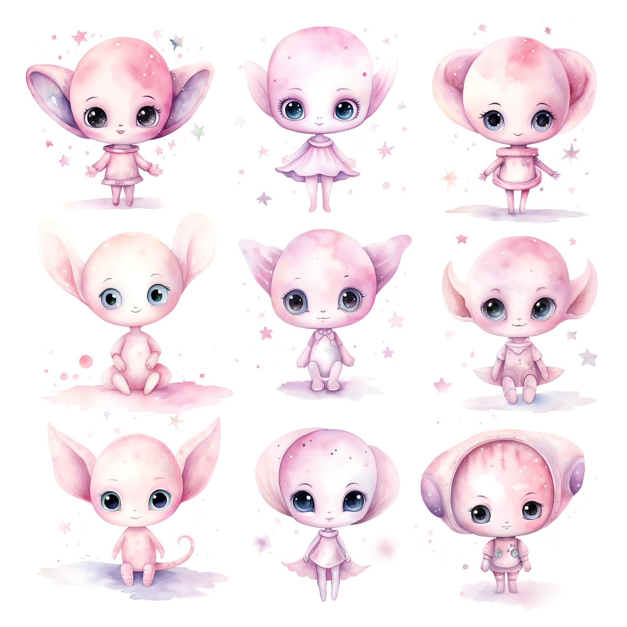 Cute Light Pink Alien Clipart, Alien Girl, Alien Boy Clipart Instant ...