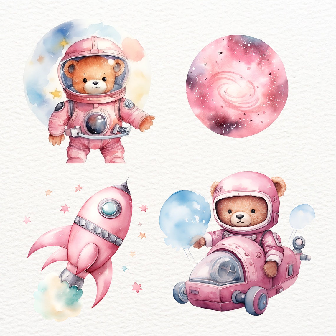 Pink Teddy Bear Astronaut Watercolor Clipart (PNG, Commercial Use) - Etsy