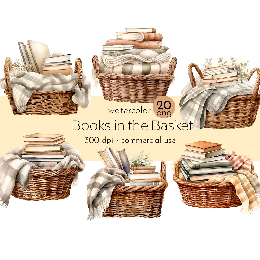 Books in the Basket Clipart, Basket With Blanket and Full With Books ...