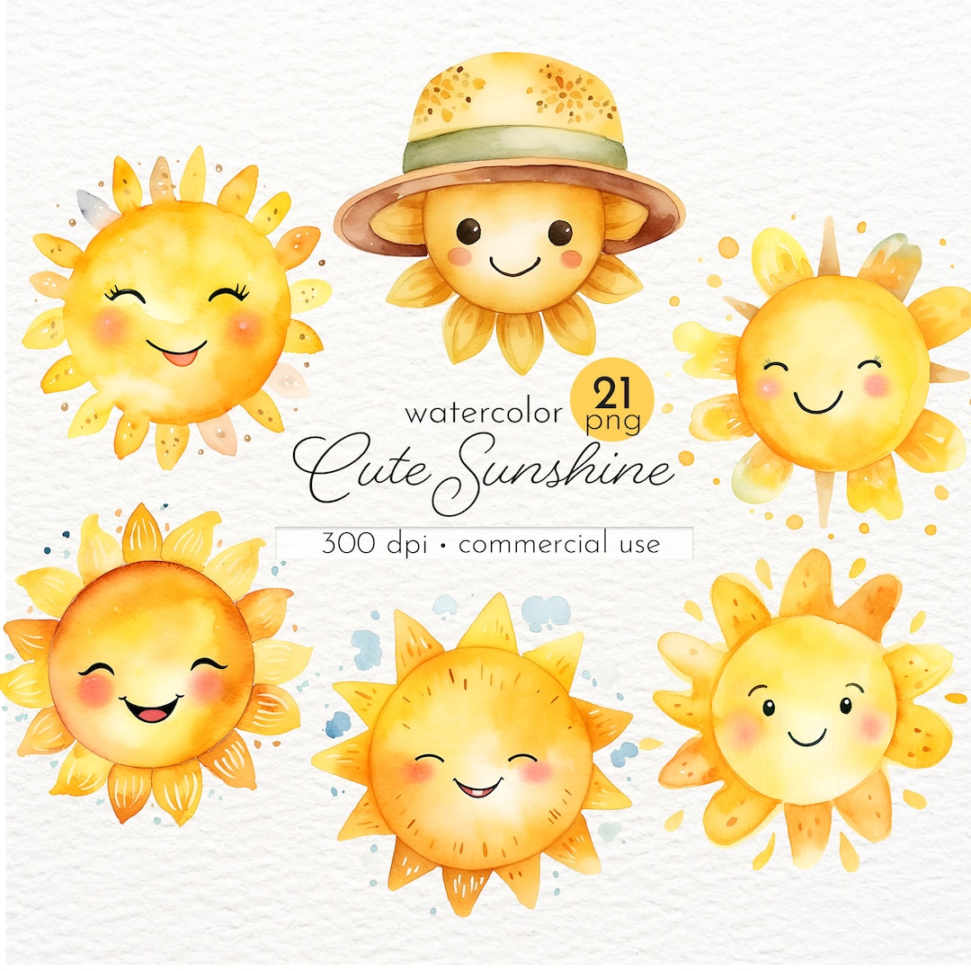 Cute Sun, Happy Sunshine Clipart, Watercolor Smiling Sun - Instant ...