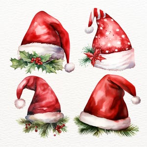 Christmas Santas Hat Clipart, Watercolor Santa Hat, Cute Holiday ...
