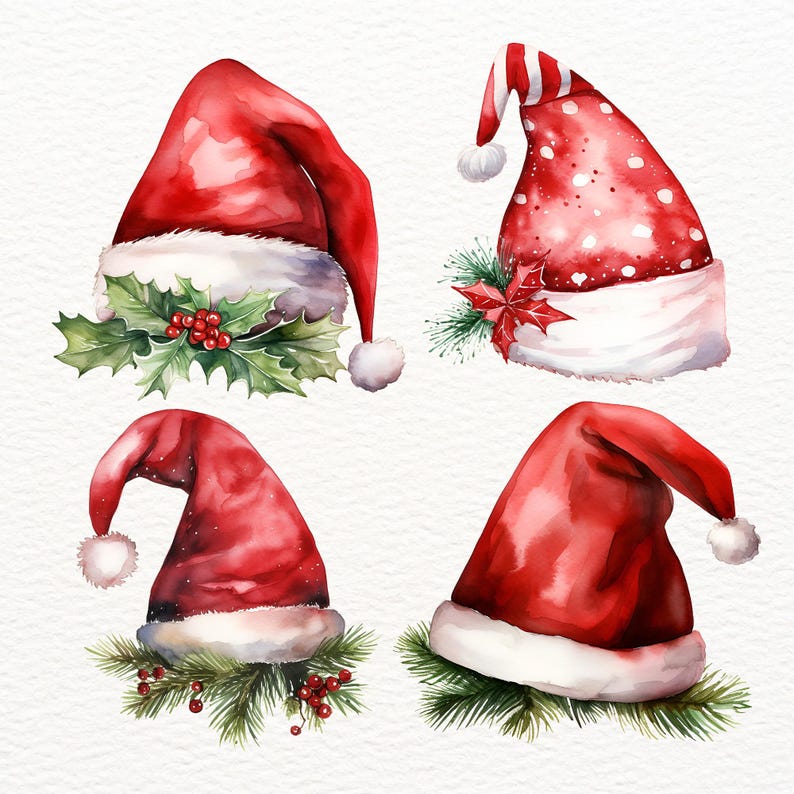 Watercolor Santa Hat Clipart: 17 Christmas PNG Graphics (commercial Use ...