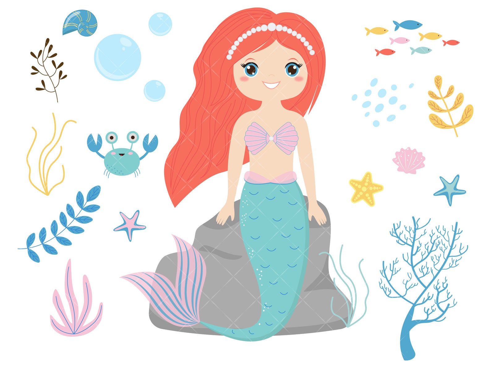 Cute Mermaid Clipart Ocean Clipart Crab Clip Art Sea Life - Etsy