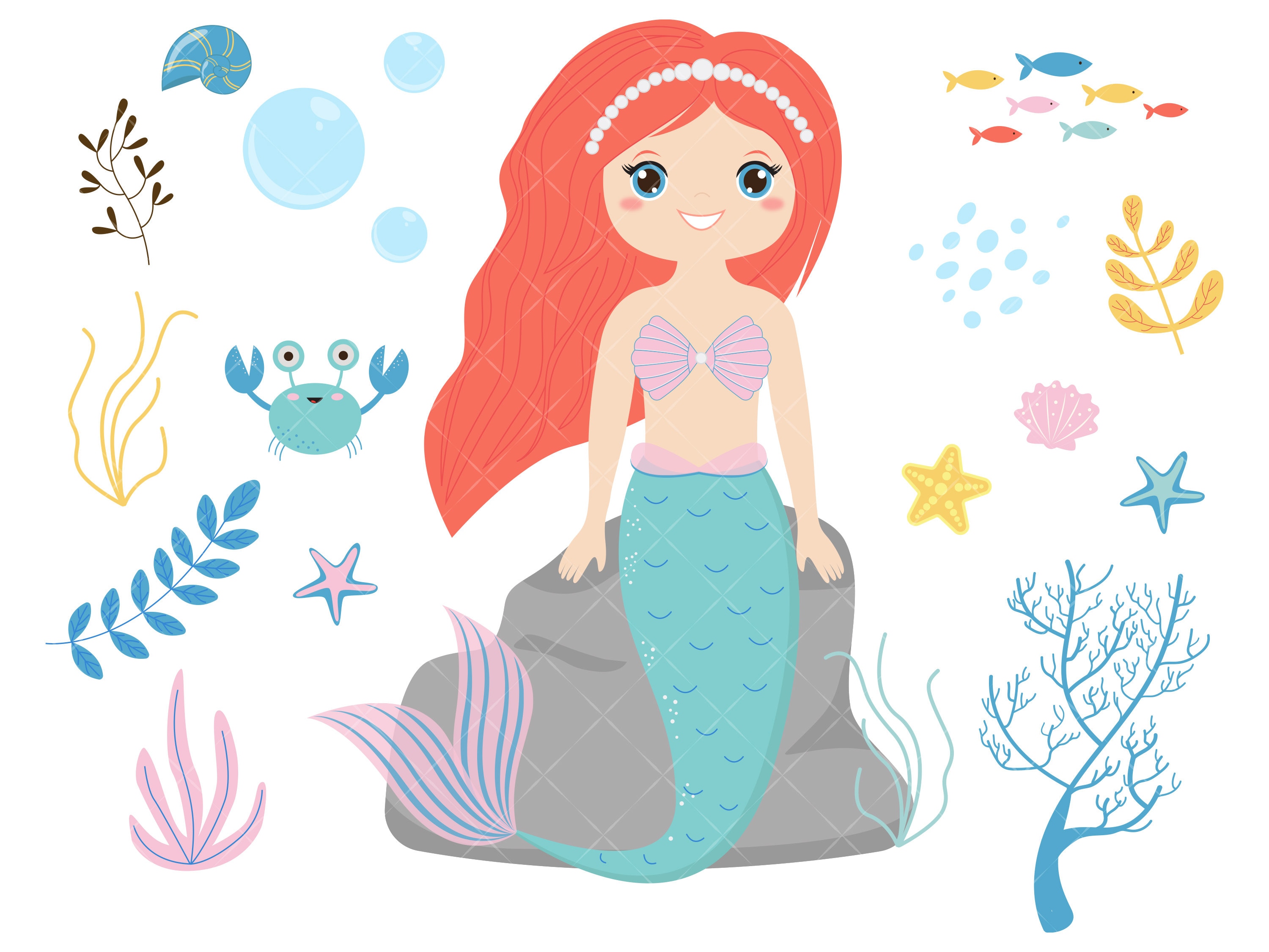 Cute Mermaid Clipart Ocean Clipart Crab Clip Art Sea Life - Etsy