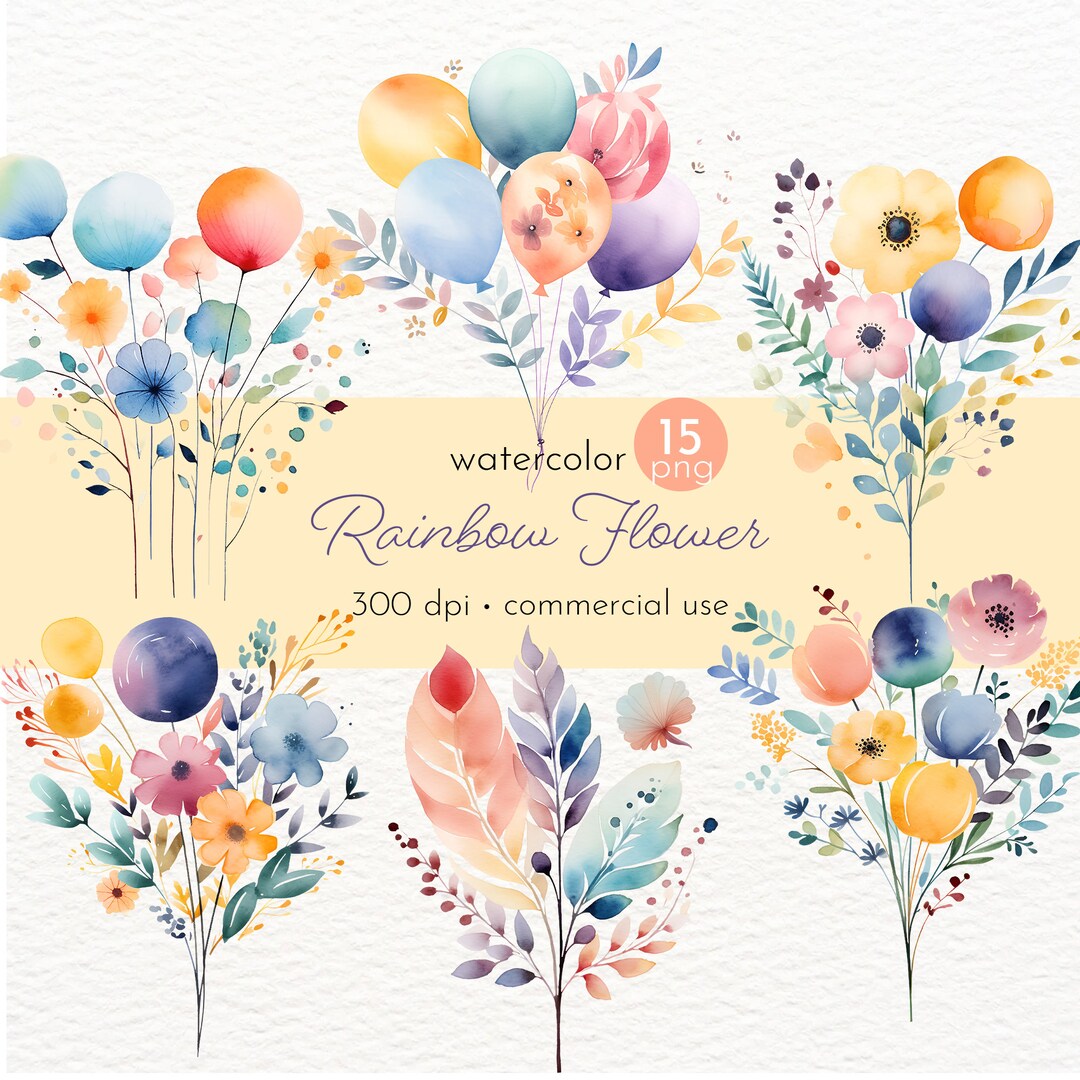 Rainbow Flower Clipart, Images of Watercolor Summer Flowers - Instant ...