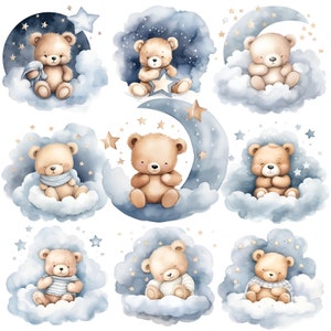 Watercolor Sleeping Teddy Bear Clipart, Sleeping Teddy Bears, Baby ...