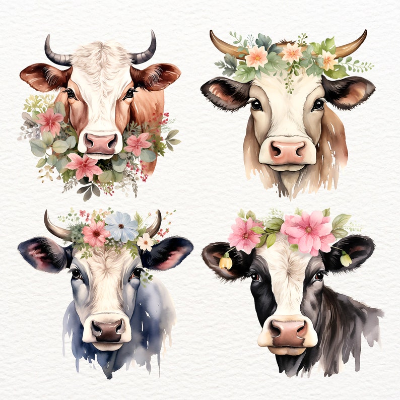Floral Cow Watercolor Clipart: Farm Animal PNG (commercial Use) - Etsy