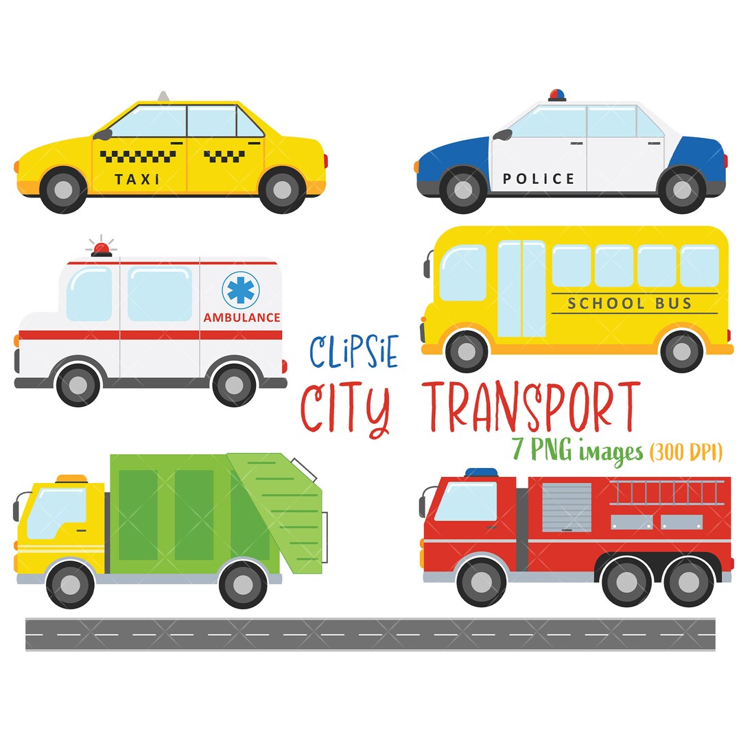 City Transport Clipart, Police Car, Taxi Car, Ambulance, School Bus ...