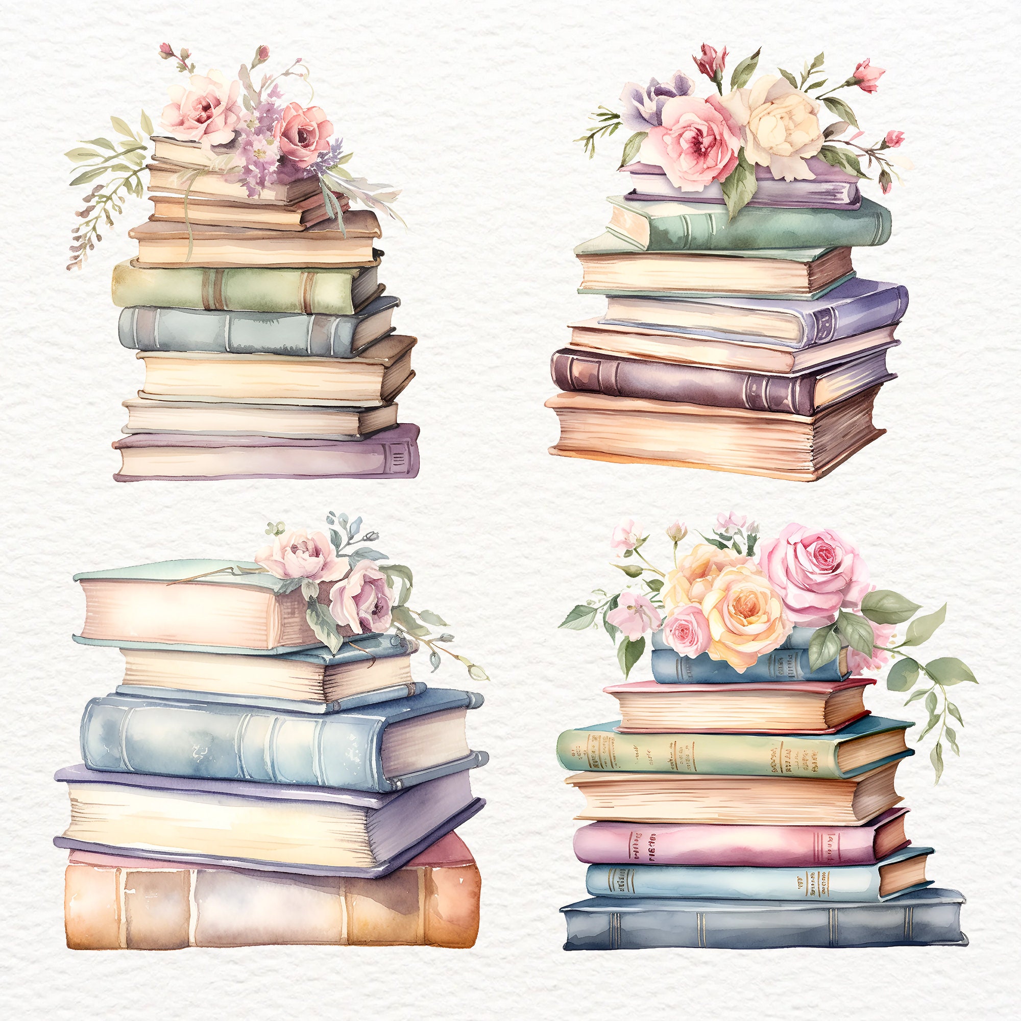 Pastel Cottage Shabby Chic Books Clipart, Book Lover Clipart, Pink Boho ...