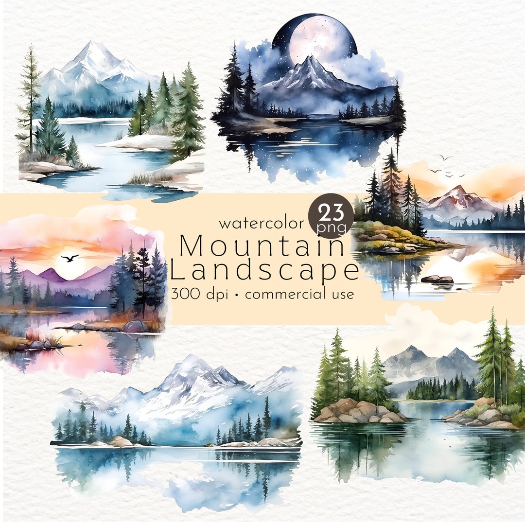 Mountain and Lake Landscape Clipart, Forest Clipart, Travel Clipart ...