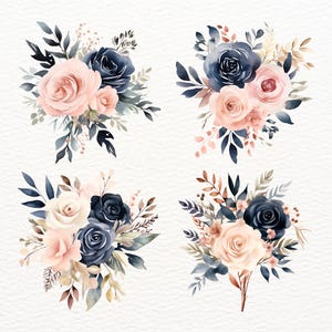 Navy and Blush Rose Clipart: Boho Flower Bouquet (PNG, Digital Download ...