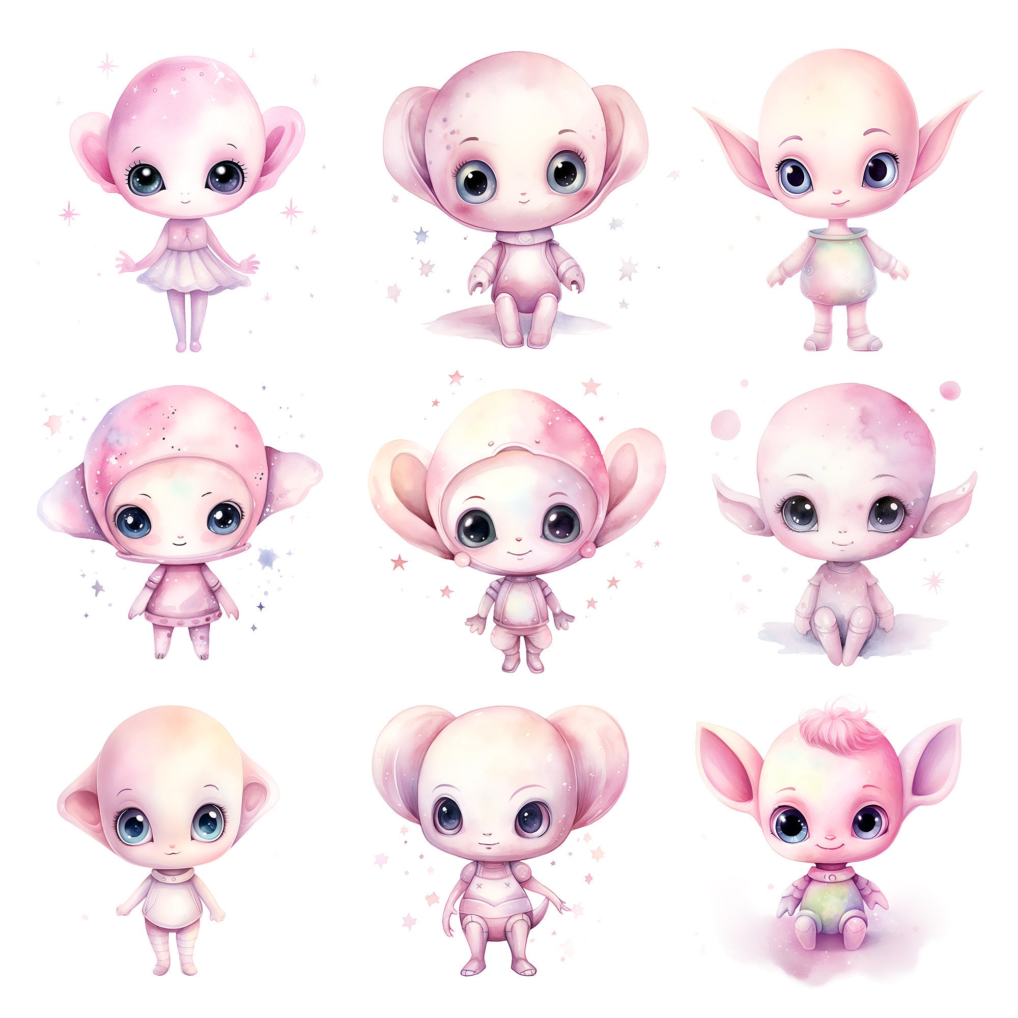 Cute Light Pink Alien Clipart, Alien Girl, Alien Boy Clipart Instant ...