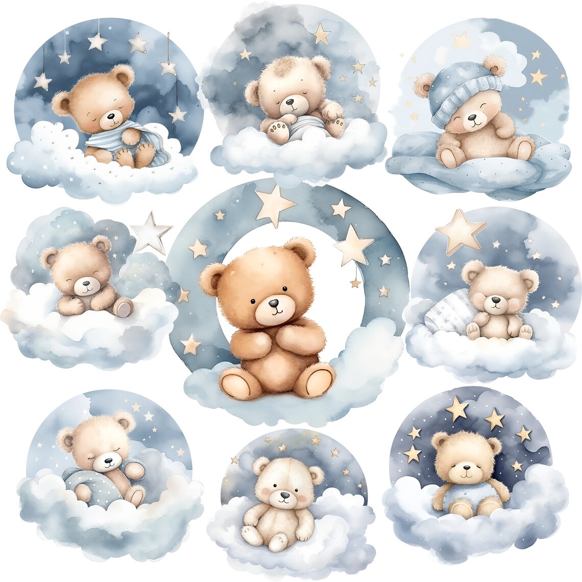 Watercolor Sleeping Teddy Bear Clipart, Sleeping Teddy Bears, Baby ...