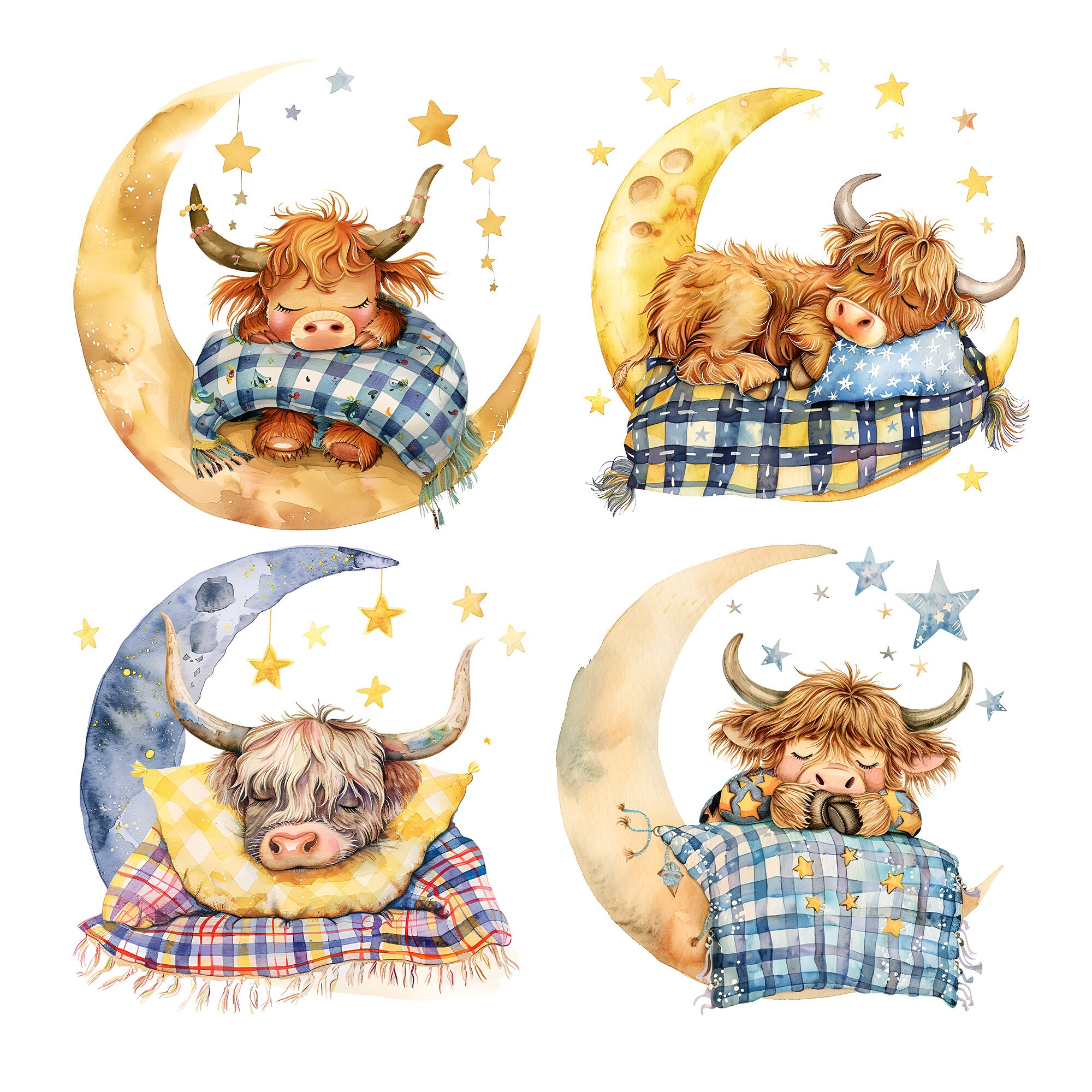 Sleeping Highland Cow Clipart, Cute Baby Cow, Sleeping on the Moon ...