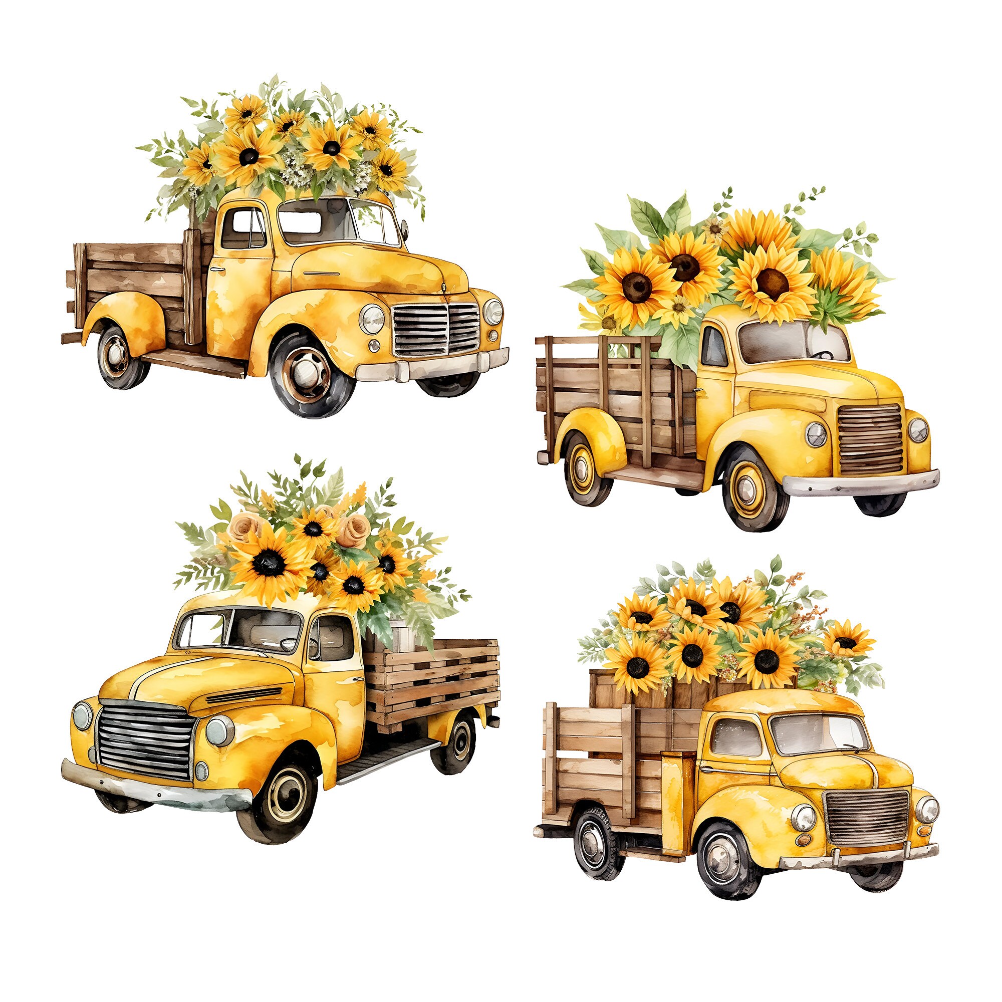 Rustic Farm Clipart, Yellow Truck Barn Sunflowers Rustic Truck Country ...