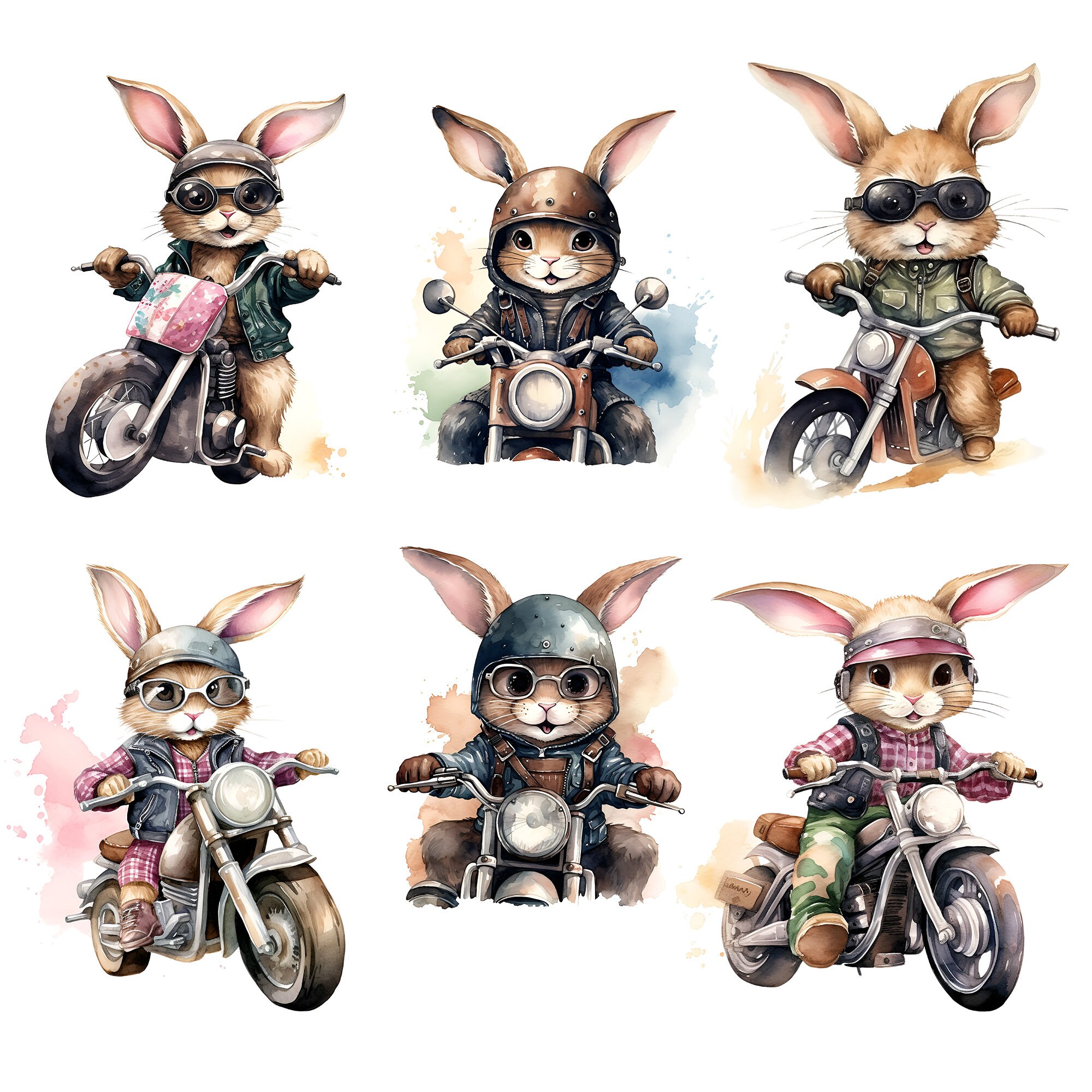 Biker Bunny Clipart, Watercolor Bunnies, Motorcycle Driver Bunny, Baby ...