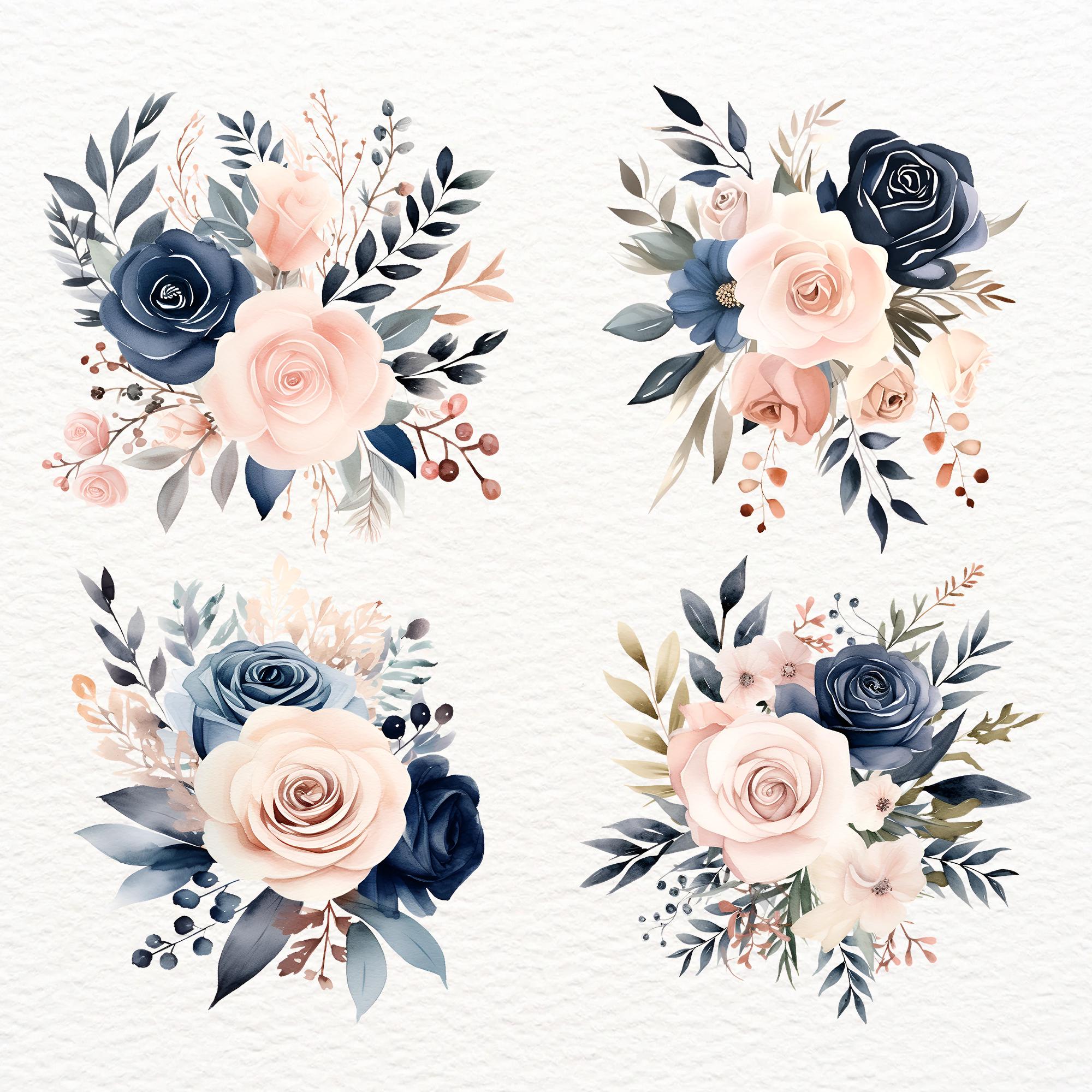 Navy and Blush Rose Clipart: Boho Flower Bouquet (PNG, Digital Download ...