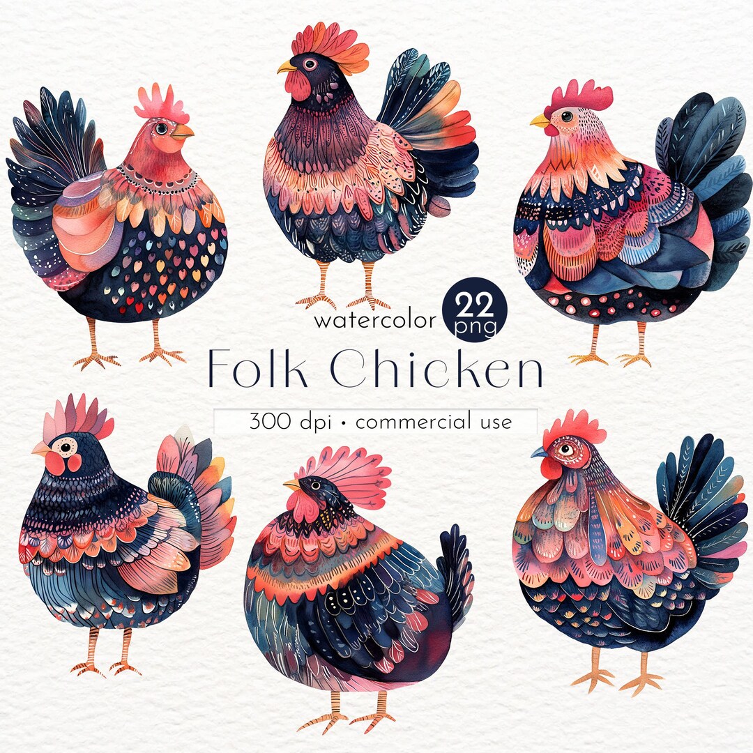 Folk Chicken Clipart, Bird Clip Art, Folk Art, Watercolor Hen Graphics ...