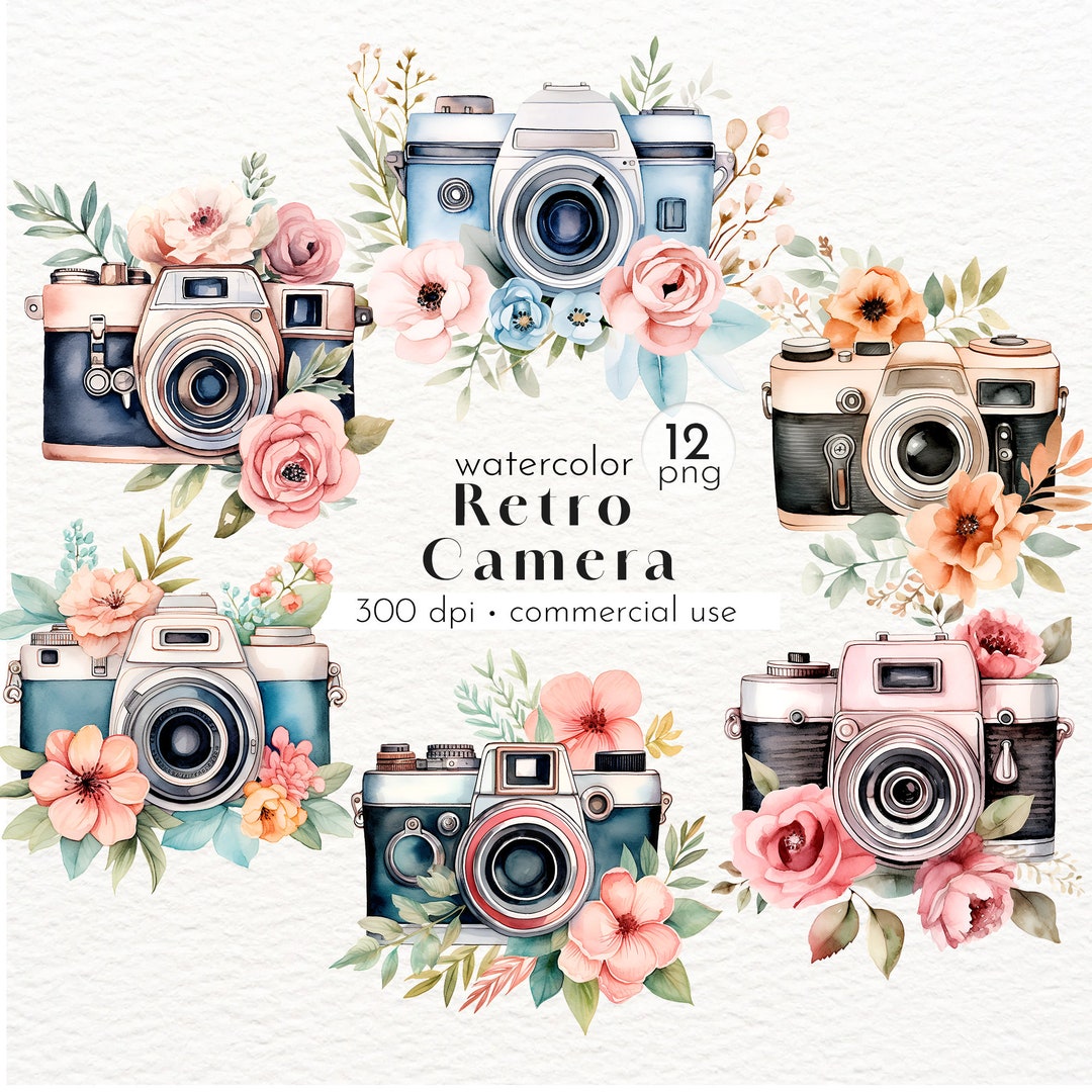 Watercolor Retro Camera Clipart: Floral PNG Images (commercial Use) - Etsy