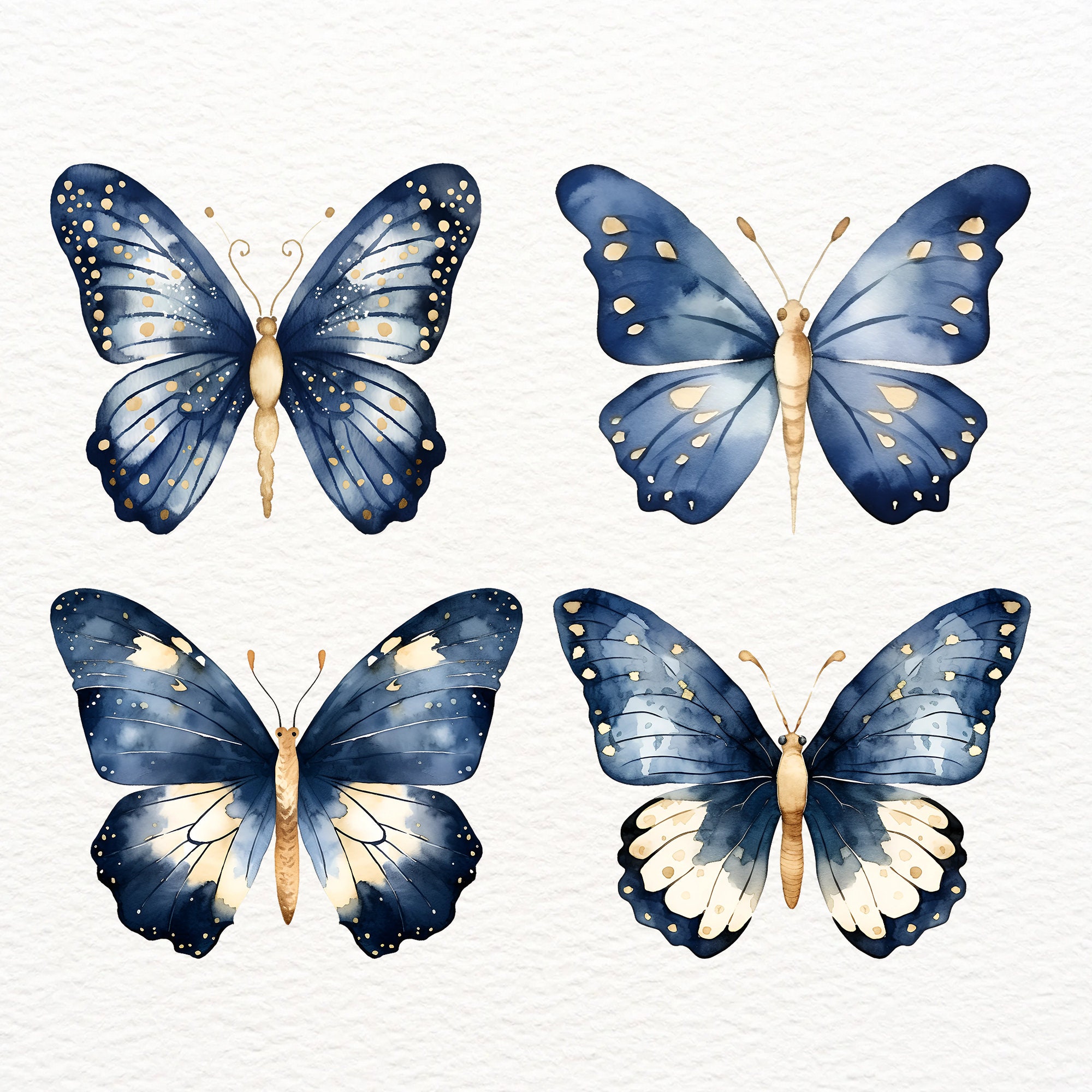 Navy Blue and Gold Butterflies Clipart, Watercolor Insects, Painted ...
