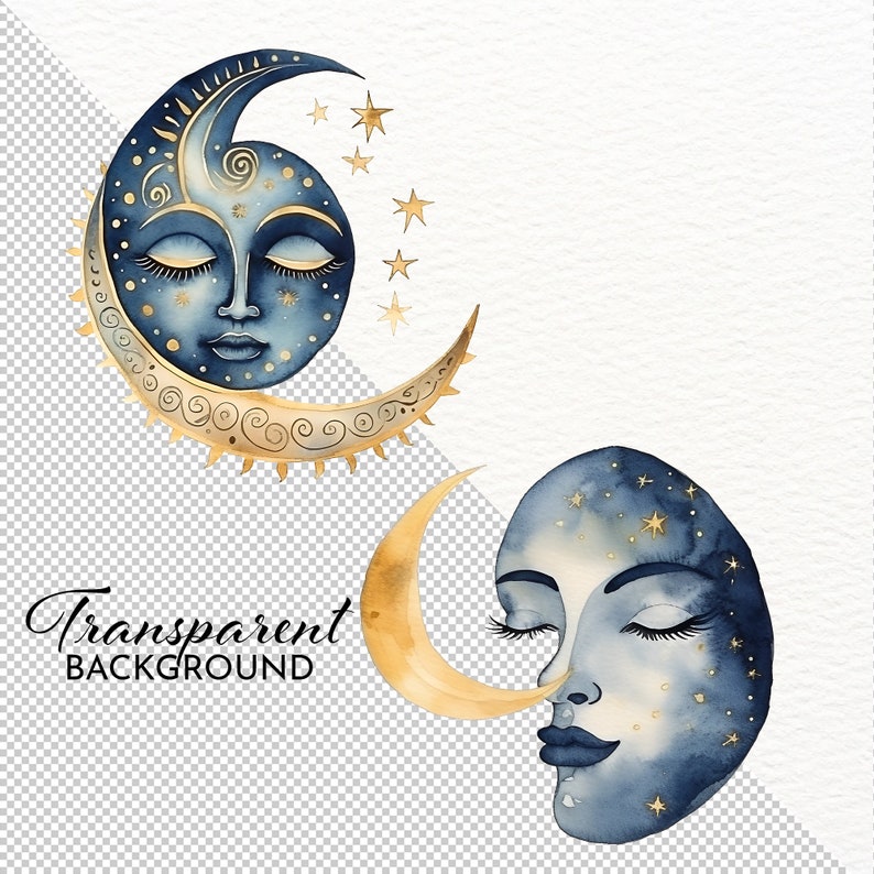 Blue Golden Moon Clipart, Moon Goddess Clip Art, Beautiful Celestial ...