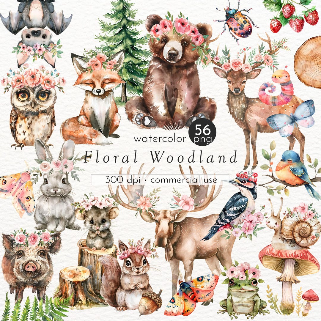 Watercolor Woodland Animals Clipart: 56 PNG Images (commercial Use) - Etsy