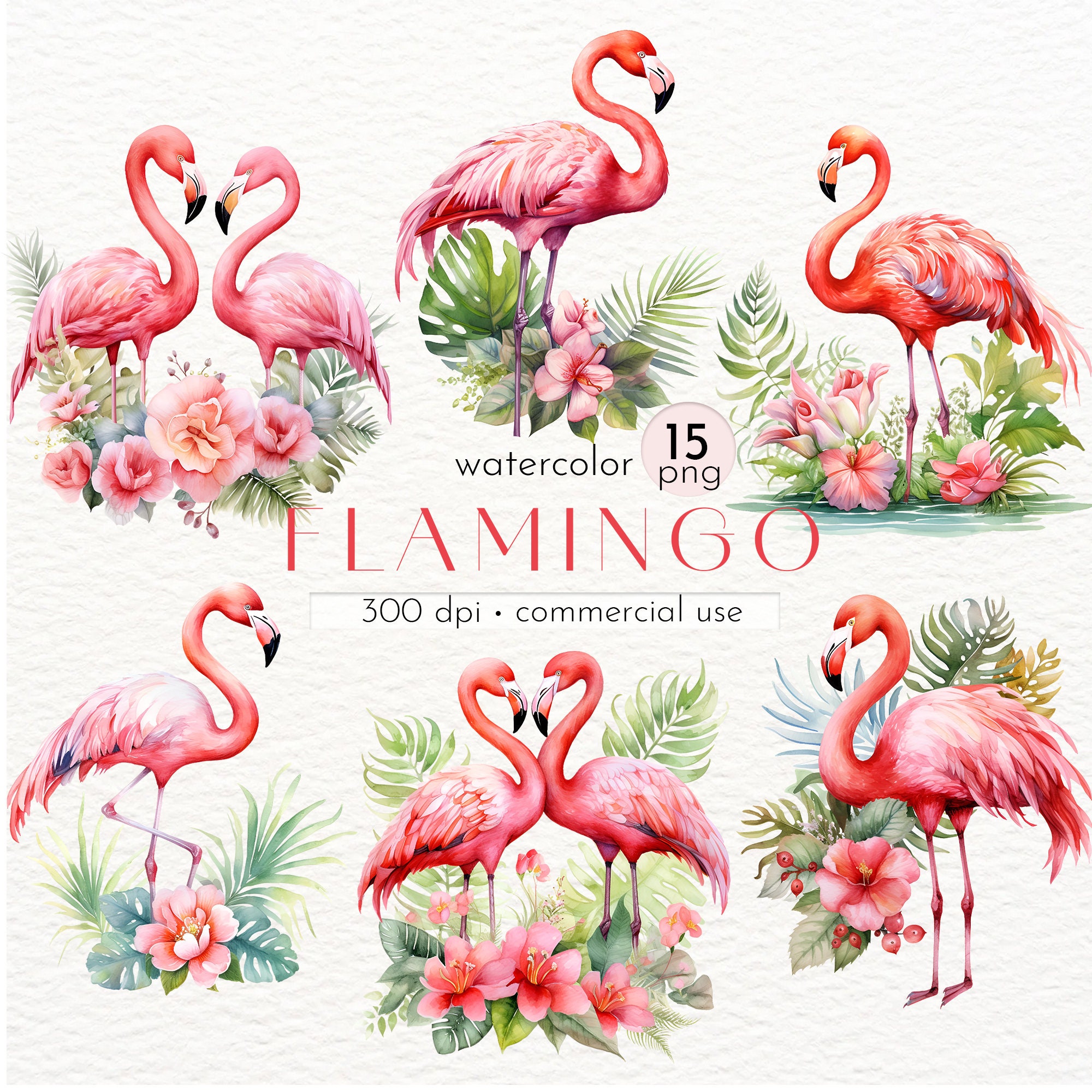 Watercolor Flamingo Clipart: Tropical Floral Bird PNG (commercial Use ...
