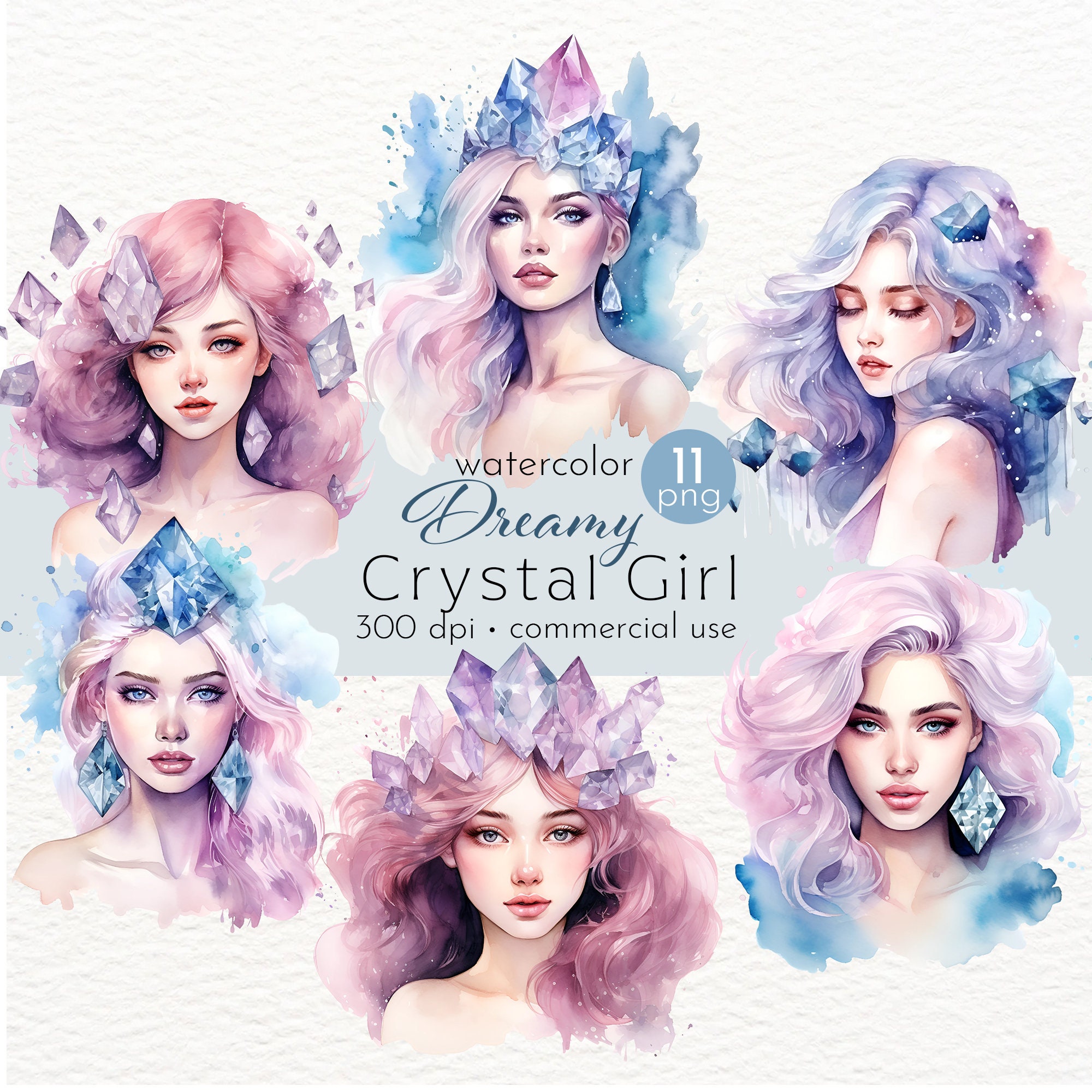 Dreamy Crystal Girl Clipart, Fantasy Watercolor Crystal, Quartz Crystal ...