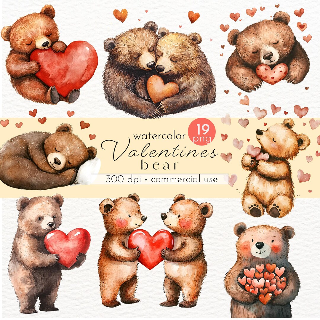 Watercolor Valentines Bear Clipart, Love Illustration (PNG, Digital ...