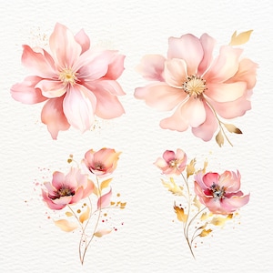 Pink Gold Flower Clipart: Abstract Watercolor Floral PNG (commercial ...