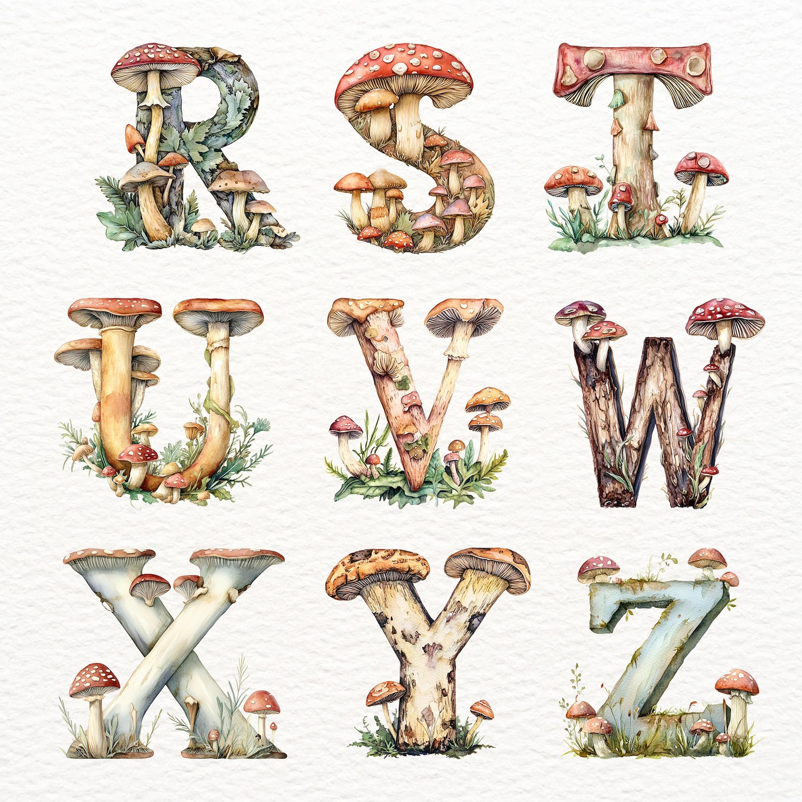 Mushroom Alphabet Clipart: Watercolor Letter Set (instant Download) - Etsy