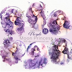 Purple Moon Princess Clipart: Celestial PNG Graphics (commercial Use ...